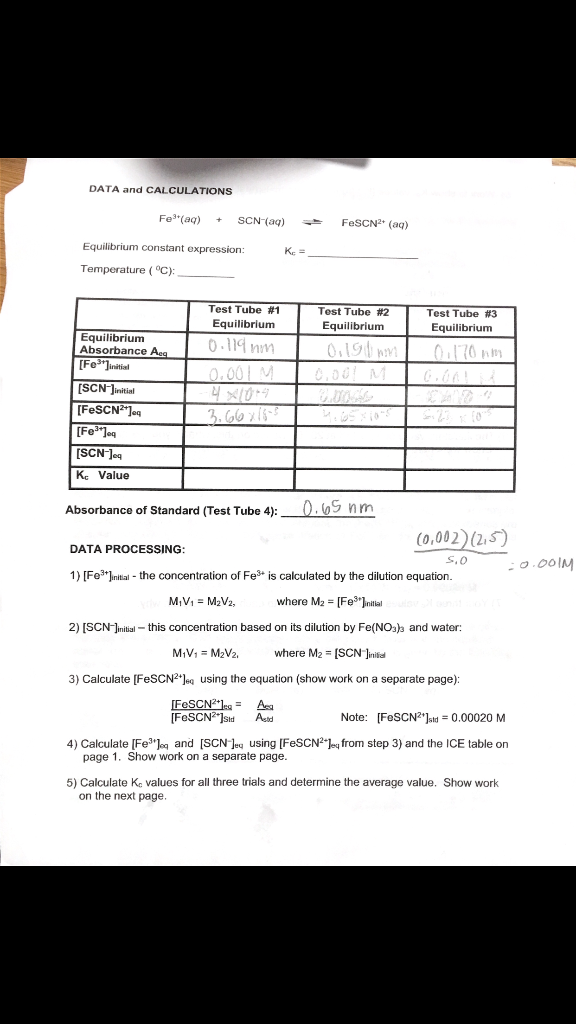 DATA and CALCULATIONS Fe3+(aq) SCN-(aq) + ;느 FeSCN2+ | Chegg.com