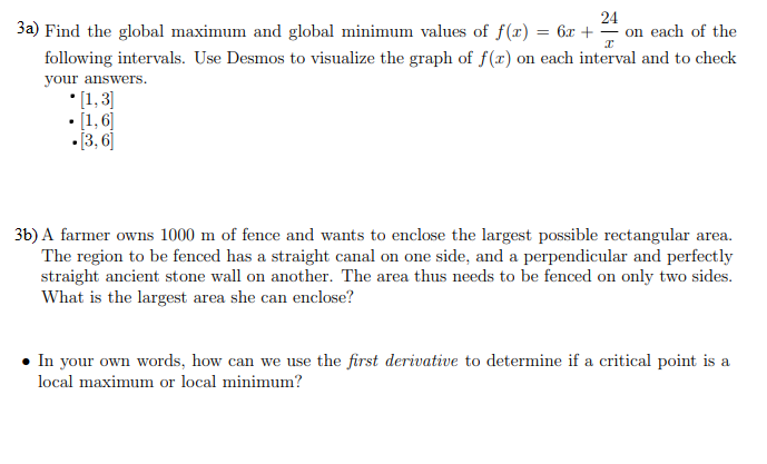 Solved 24 3a) Find the global maximum and global minimum | Chegg.com