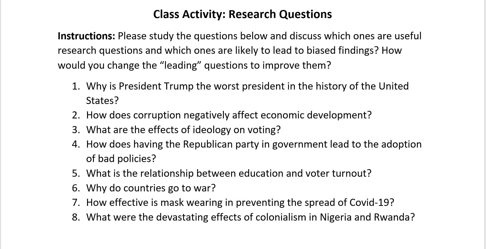 Class Activity: Research Questions Instructions: | Chegg.com
