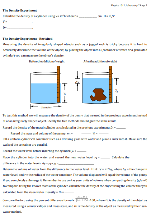The Density Experiment Calculate the density of a | Chegg.com