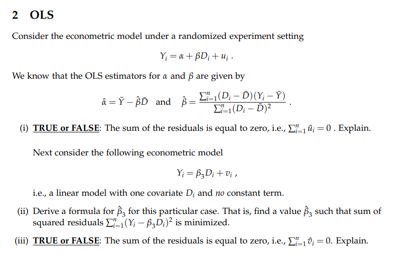 Solved 2 OLS Consider the econometric model under a | Chegg.com