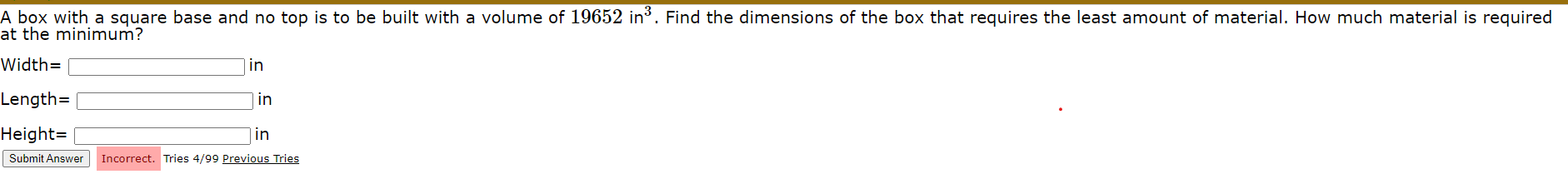 Solved box with a square base and no top is to be built with | Chegg.com