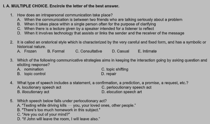 Solved 1. A. MULTIPLE CHOICE. Encircle the letter of the | Chegg.com