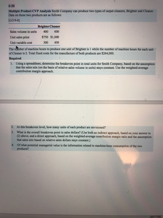 Solved 9-36 Multiple Product CVP Analysis Smith Company can | Chegg.com