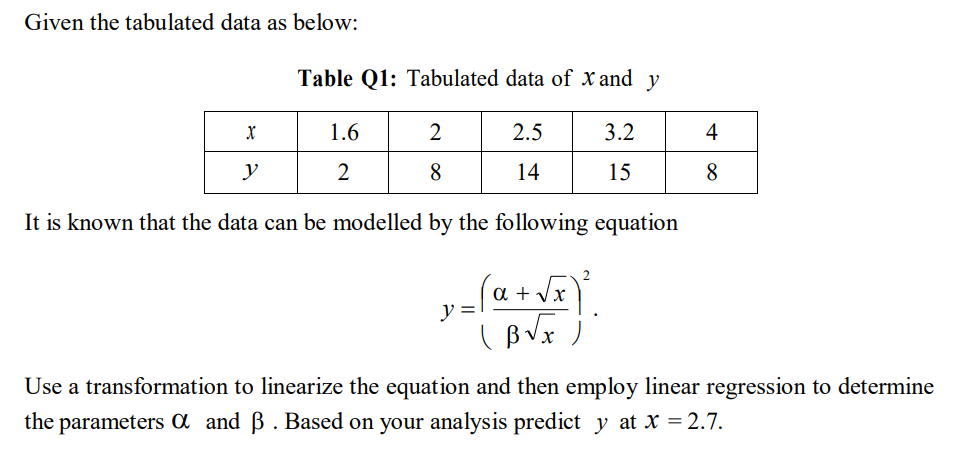 Solved Given the tabulated data as below: Table Q1: | Chegg.com
