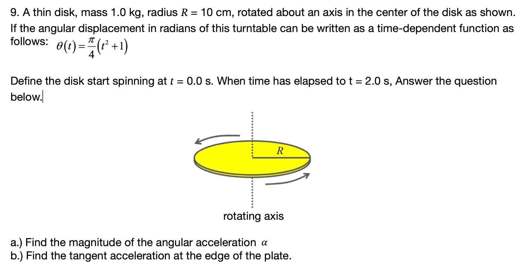 Solved 9. A thin disk, mass 1.0 kg, radius R=10 cm, rotated | Chegg.com