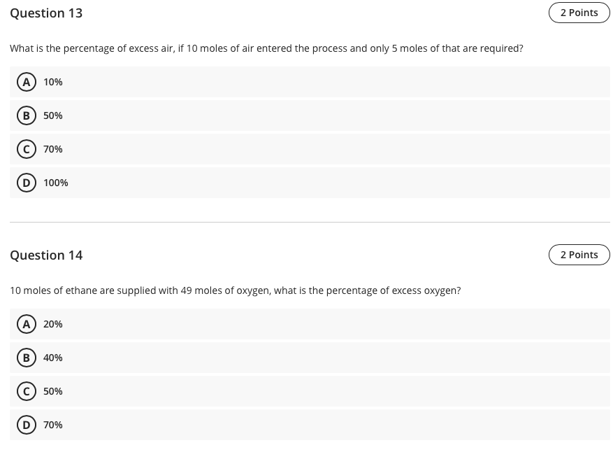 Solved Question 13 2 Points What is the percentage of excess | Chegg.com