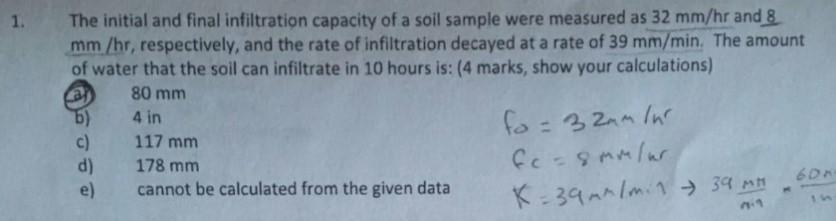 Solved The initial and final infiltration capacity of a soil | Chegg.com