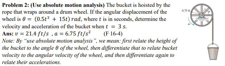 Solved Problem 2: (Use absolute motion analysis) The bucket | Chegg.com Solved Problem 2: (Use absolute motion analysis) The bucket | Chegg.com