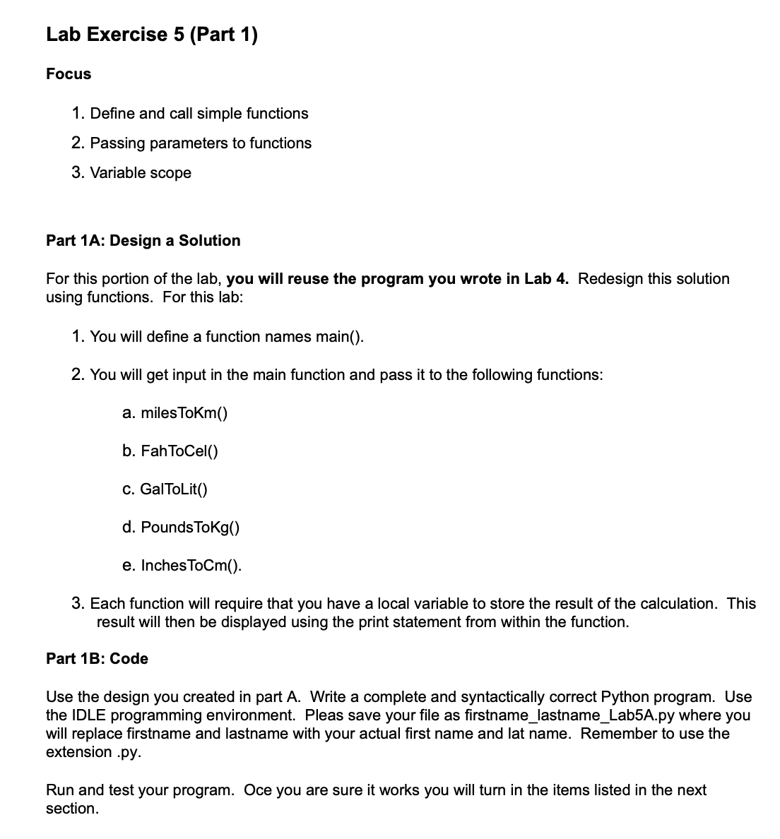 Solved Lab Exercise 5 (Part 1) Focus 1. Define and call | Chegg.com