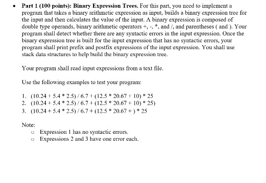 Part 1 (100 points): Binary Expression Trees. For | Chegg.com