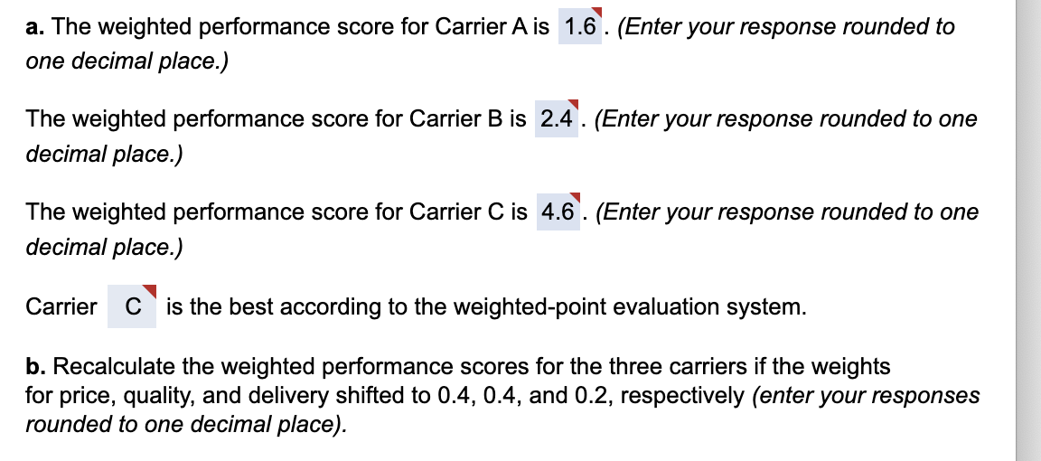 Solved a. The weighted performance score for Carrier A is | Chegg.com