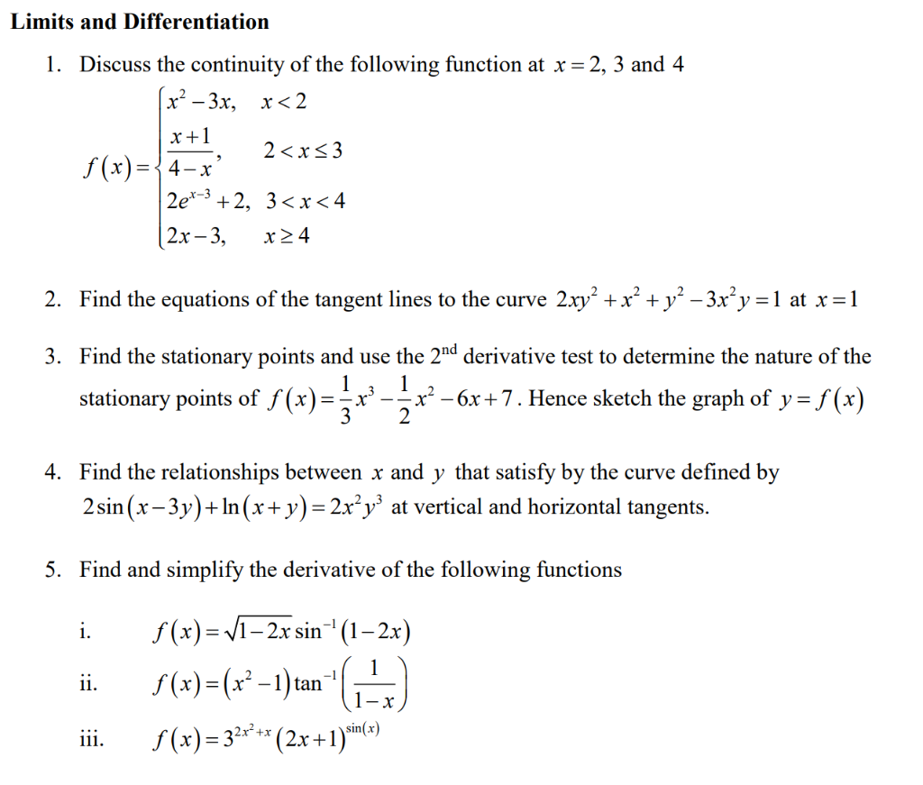 Solved Limits and Differentiation 1. Discuss the continuity | Chegg.com
