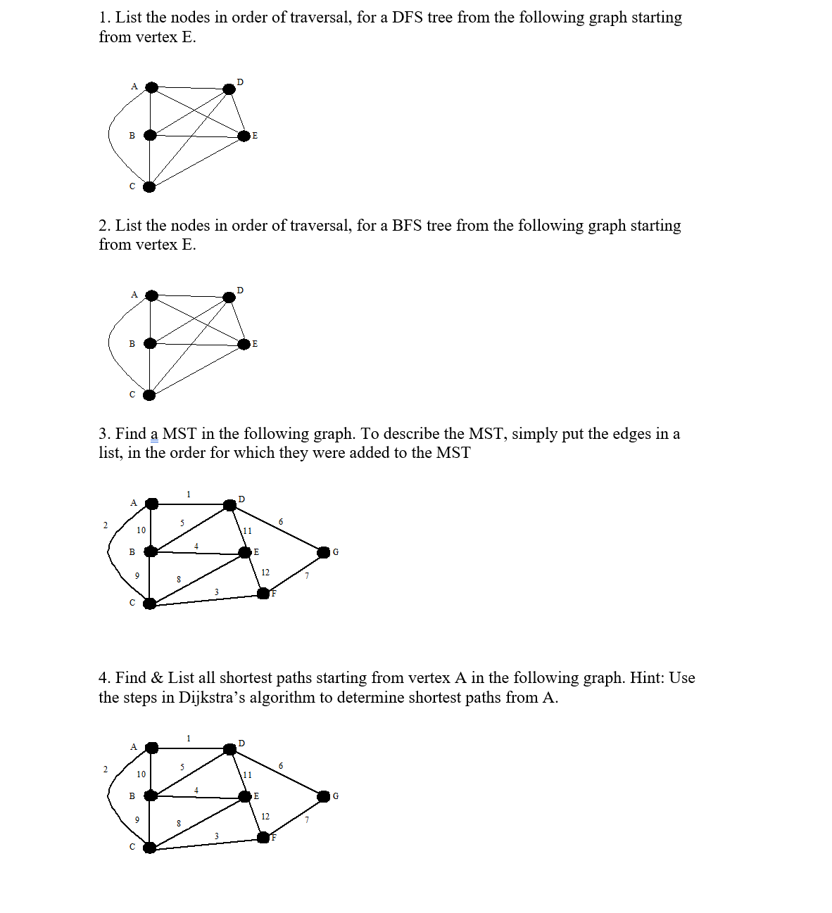 Solved 1. List the nodes in order of traversal, for a DFS | Chegg.com