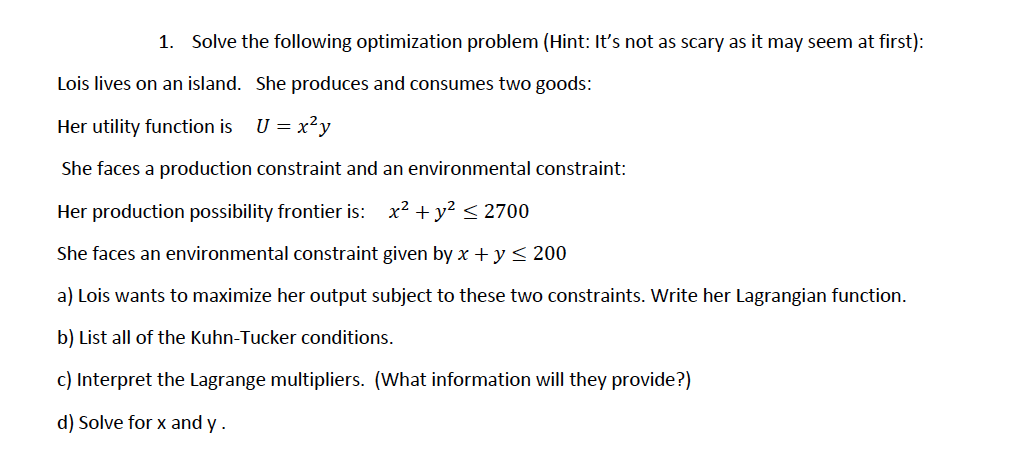 Solved 1. Solve the following optimization problem (Hint: | Chegg.com