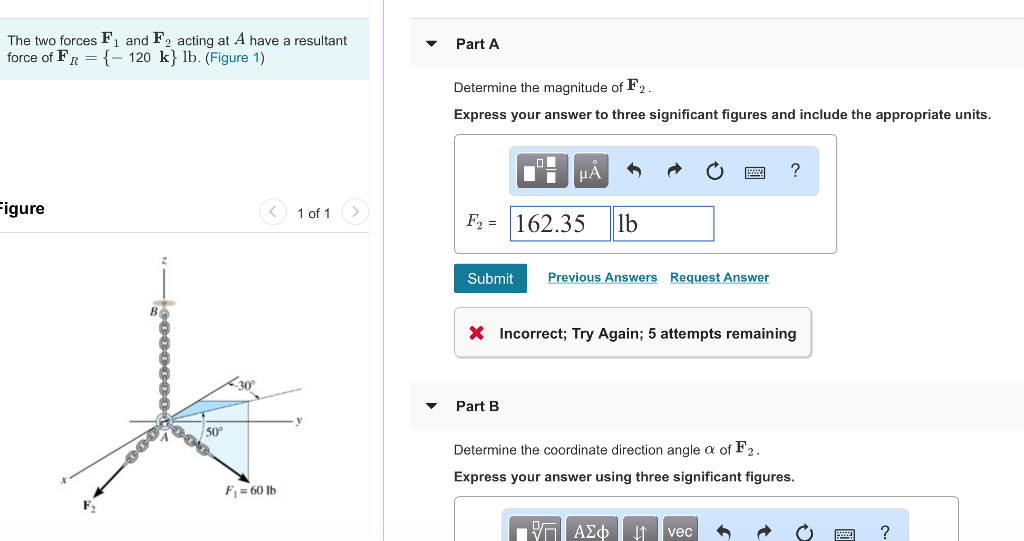 Solved The two forces F1 and F2 acting at A have a resultant | Chegg.com