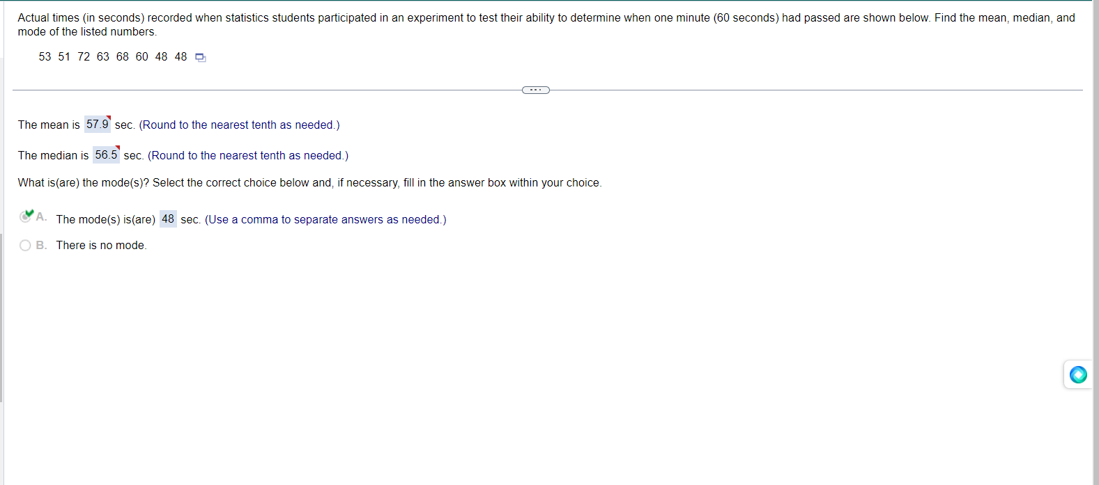 Solved mode of the listed numbers. 5351726368604848 The mean | Chegg.com
