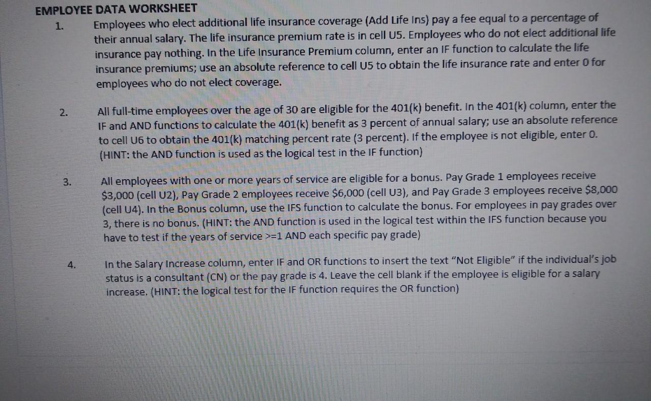 Solved EMPLOYEE DATA WORKSHEET 1. Employees who elect | Chegg.com