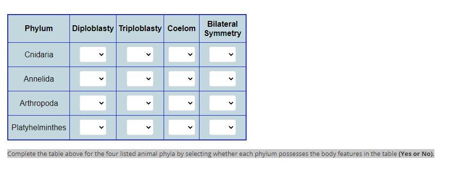 Solved Phylum Diploblasty Triploblasty Coelom Bilateral | Chegg.com