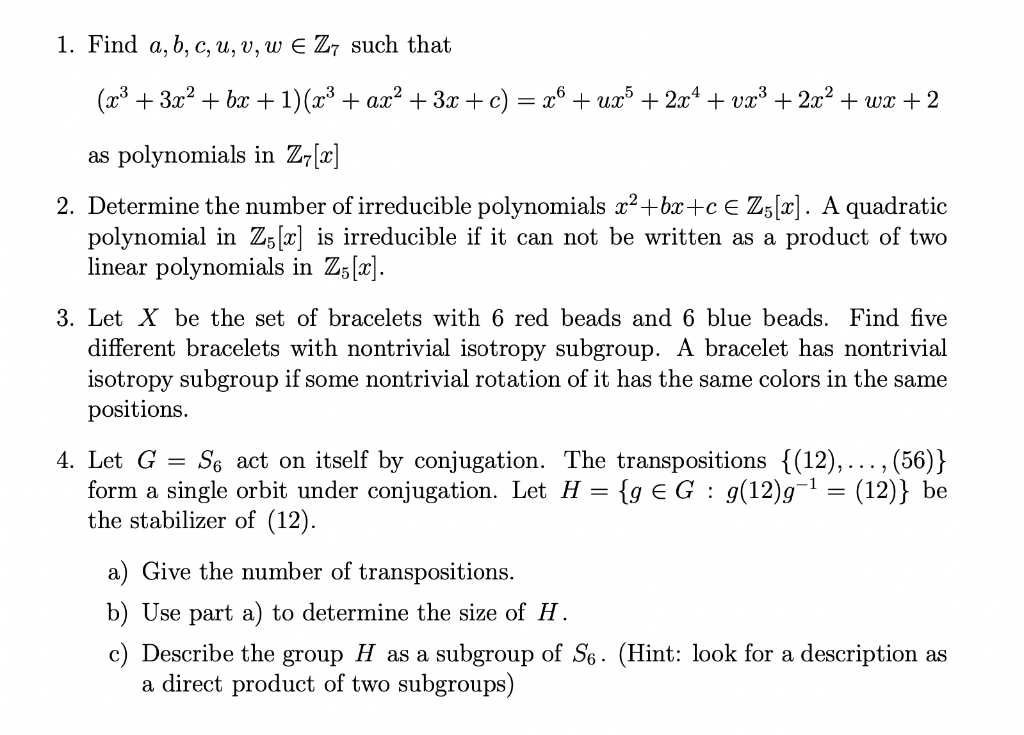 Solved 1. Find a, b, c, u, v, w E Z7 such that (x³ + 3x² + | Chegg.com
