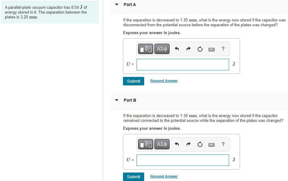Solved A parallel-plate vacuum capacitor has 8.04 J of | Chegg.com