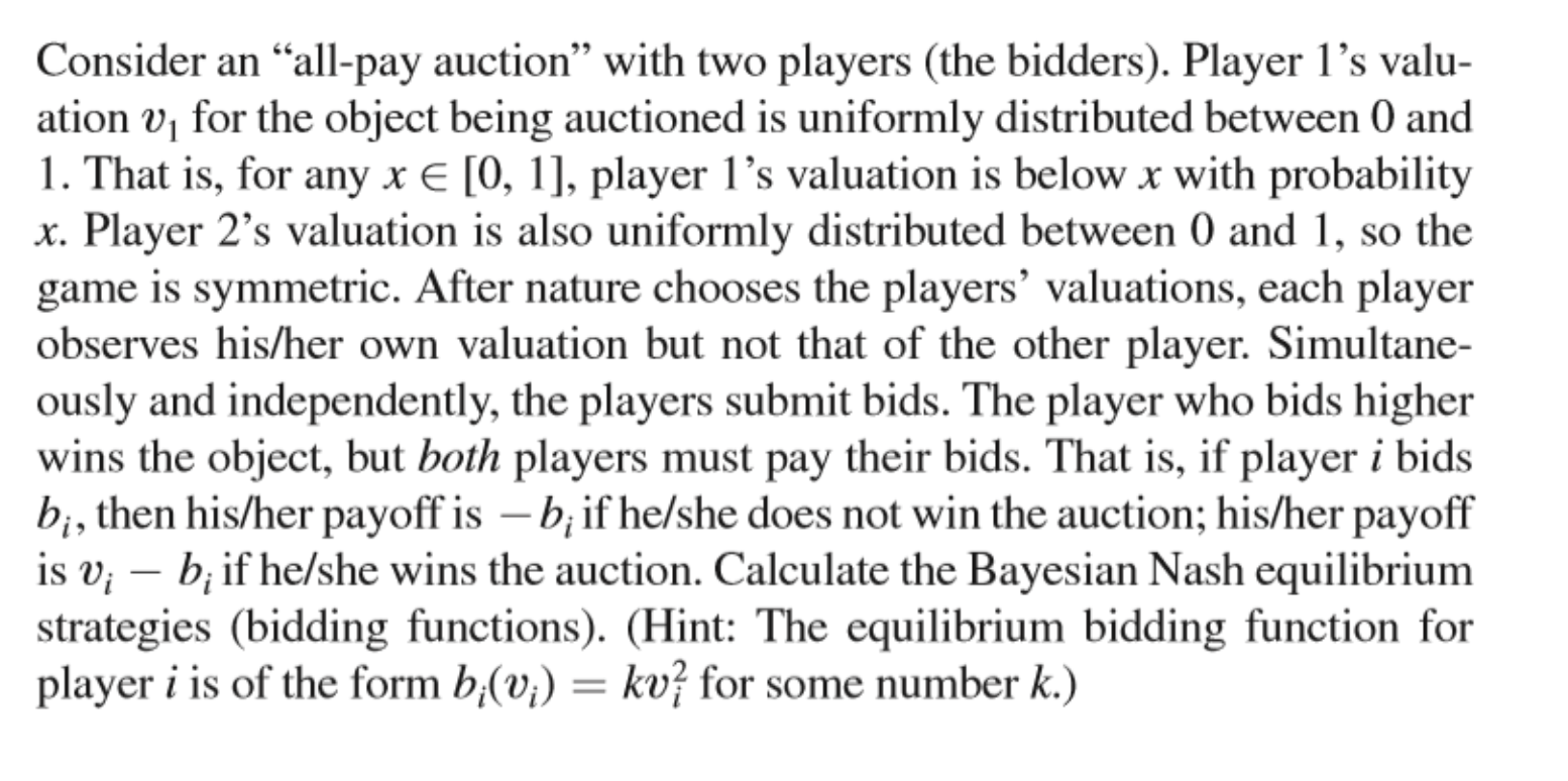Solved Consider an ﻿"all-pay auction" with two players (the | Chegg.com