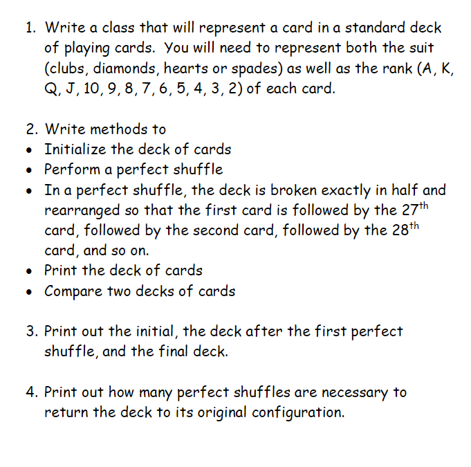 Solved 1. Write a class that will represent a card in a | Chegg.com