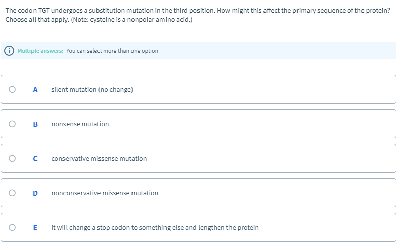 Solved The codon TGT undergoes a substitution mutation in | Chegg.com