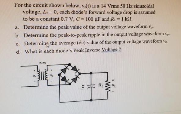 Solved For the circuit shown below, vs(t) is a 14 Vrms 50 Hz | Chegg.com