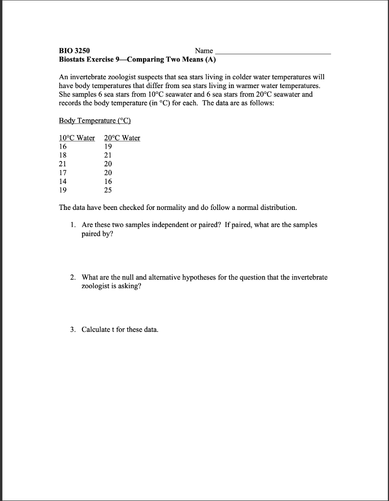 Solved BIO 3250 Biostats Exercise 9-Comparing Two Means (A) | Chegg.com