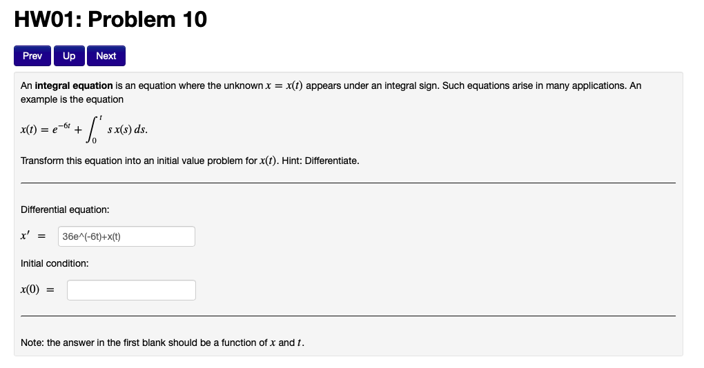 Solved HW01: Problem 10 Prev Up Next An integral equation is | Chegg.com