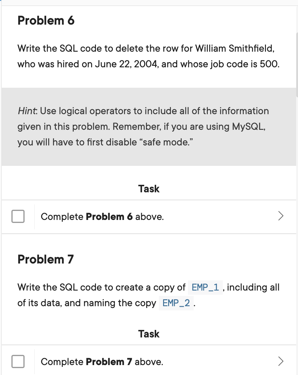 Solved Problem 6 Write the SQL code to delete the row for | Chegg.com