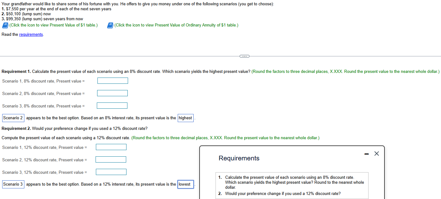Solved Scenario 1, 8\% ﻿discount rate, Present value | Chegg.com