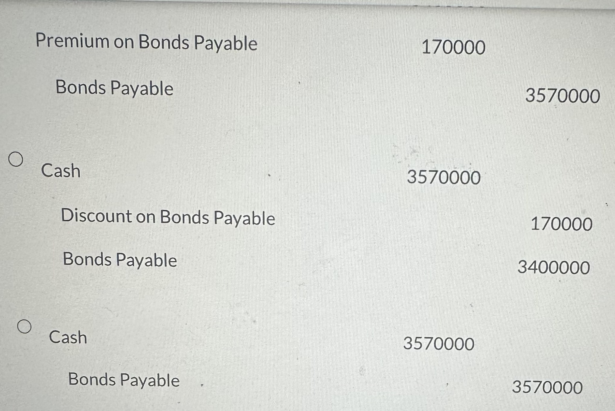 Solved Cash 3570000 Premium on Bonds Payable 170000 Bonds | Chegg.com