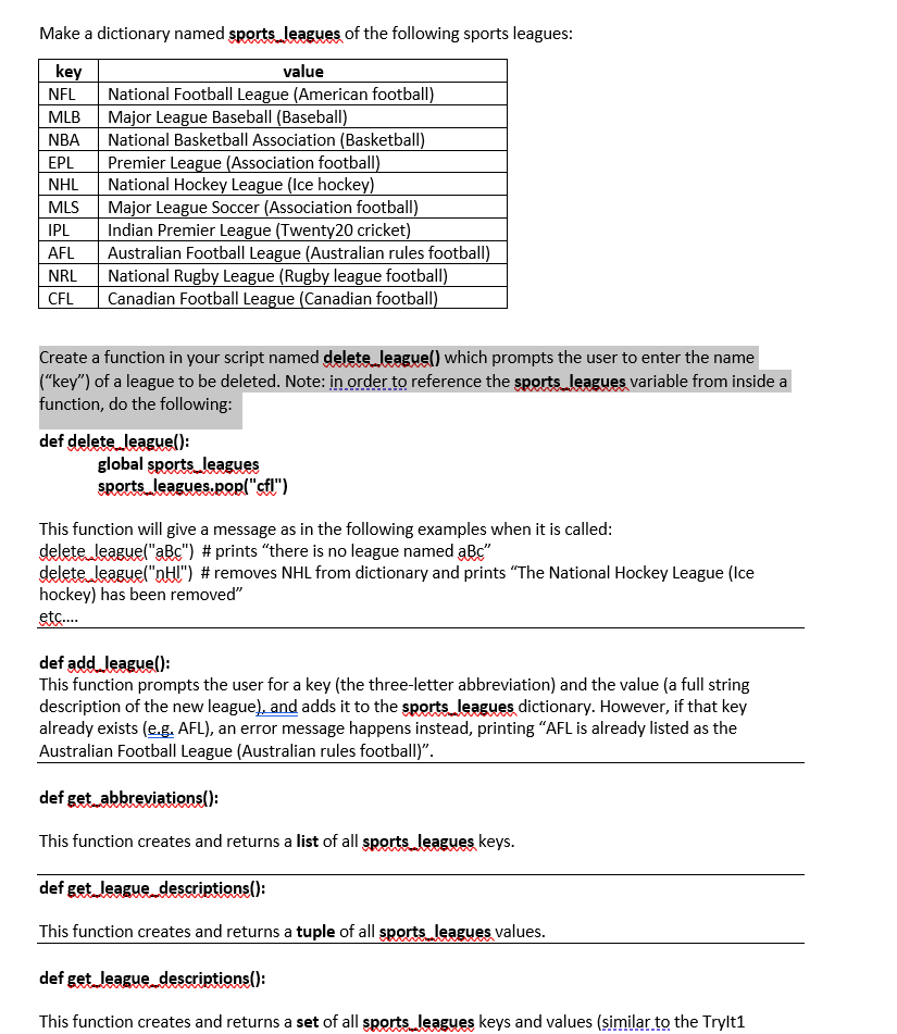Solved Make a dictionary named sports leagues of the | Chegg.com