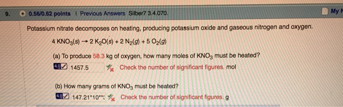 Solved Potassium nitrate decomposes on heating, producing | Chegg.com
