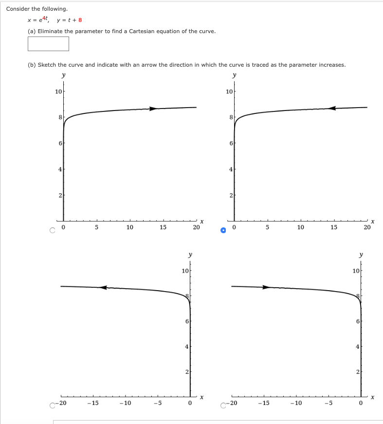 Solved Consider the following. x = 4, y = t + 8 (a) | Chegg.com