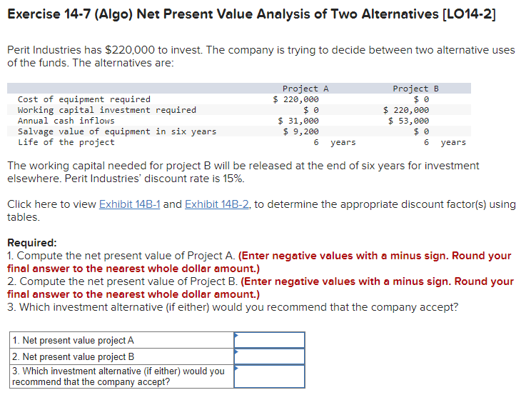 Solved Exercise 14-7 (Algo) Net Present Value Analysis of | Chegg.com