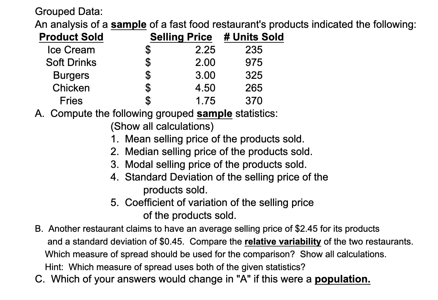 Grouped Data: An analysis of a sample of a fast food | Chegg.com