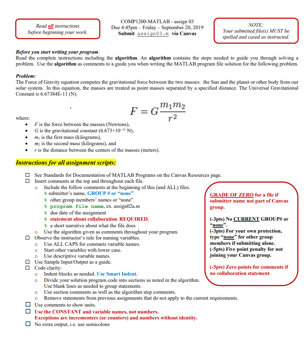 Solved COMP1200-MATLAB - assign 03 Due 4:45pm Friday - | Chegg.com