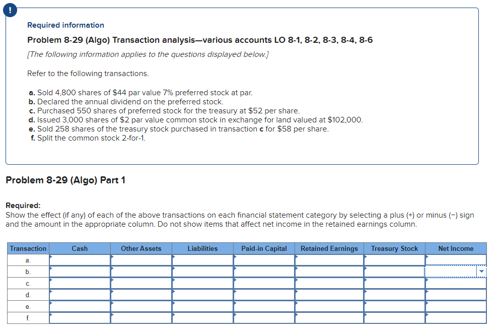 Required information Problem 8-29 (Algo) Transaction | Chegg.com Required information Problem 8-29 (Algo) Transaction | Chegg.com