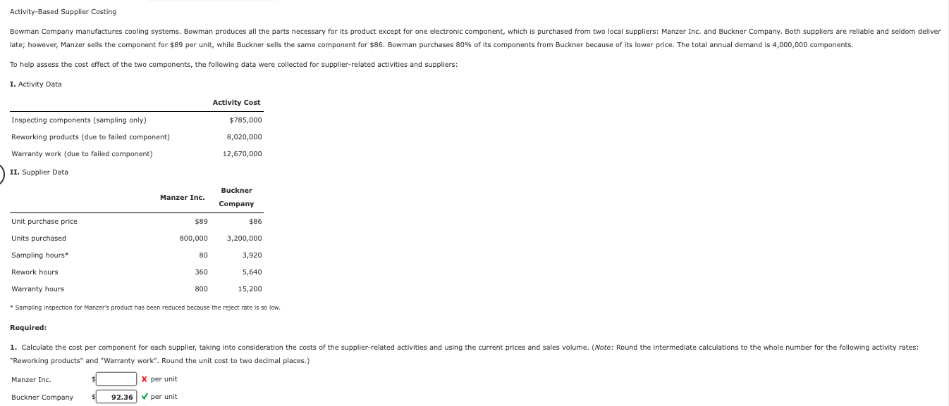Solved Activity-Based Supplier CostingTo help assess the | Chegg.com