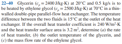Solved 22-40 Glycerin (cp=2400 J/kg⋅K) at 20∘C and 0.5 kg/s | Chegg.com