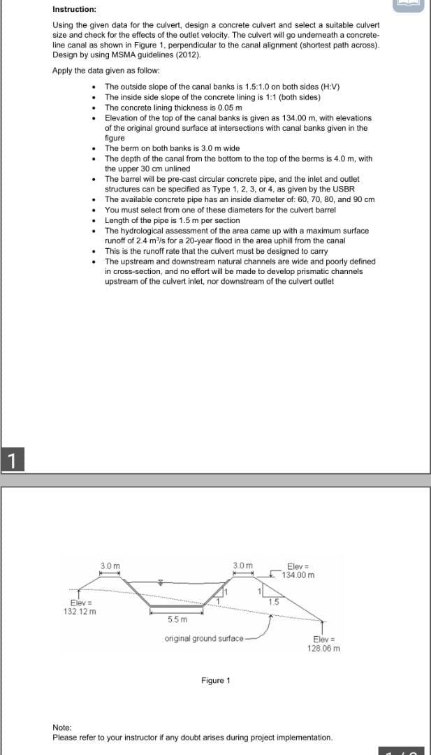 Solved Instruction: Using the given data for the culvert, | Chegg.com