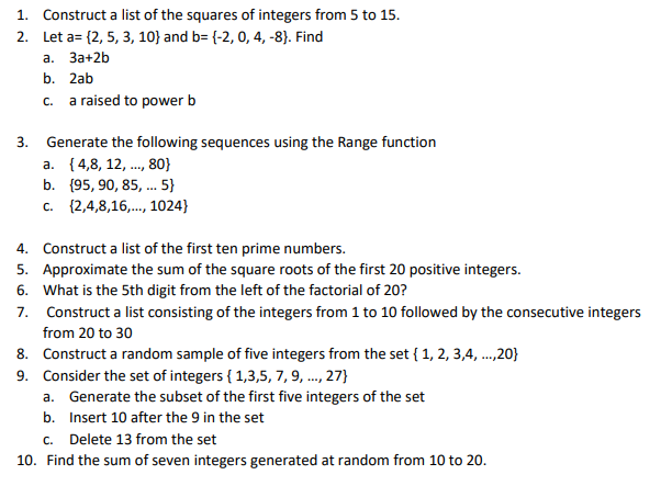 Solved 1. Construct a list of the squares of integers from 5 | Chegg.com
