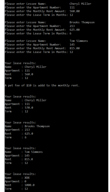 Solved 13. a. Create a class named Lease with fields that | Chegg.com