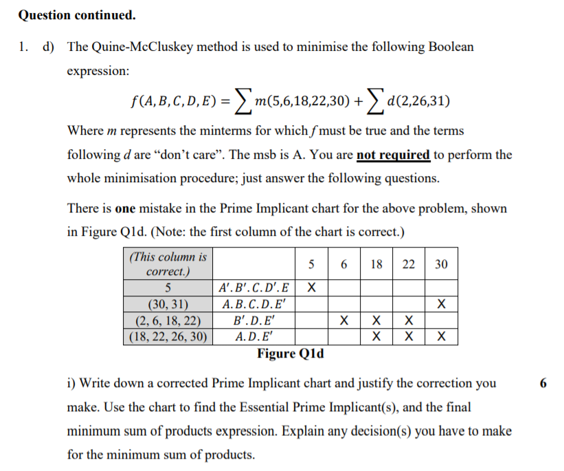 Solved Question continued. 1. d) The Quine-McCluskey method | Chegg.com