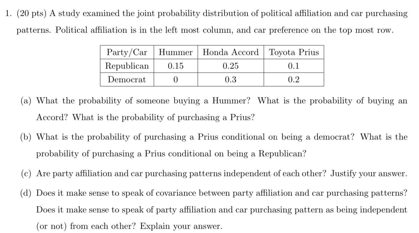 Solved 1. (20 pts) A study examined the joint probability | Chegg.com