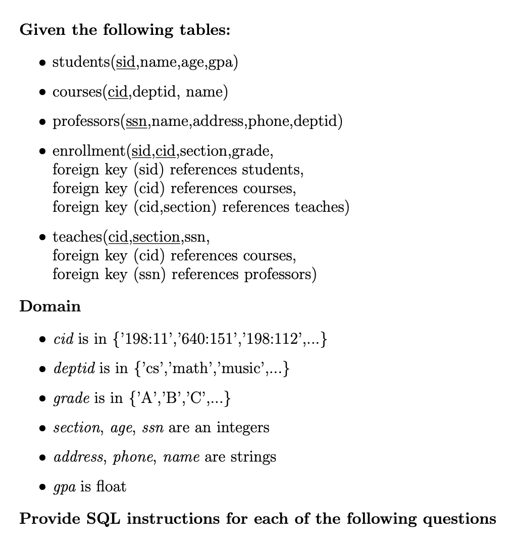 Solved Given the following tables: • students(sid, | Chegg.com