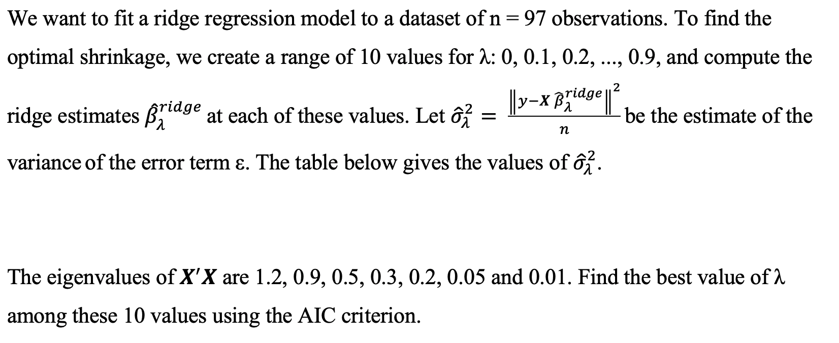 Solved = We want to fit a ridge regression model to a | Chegg.com